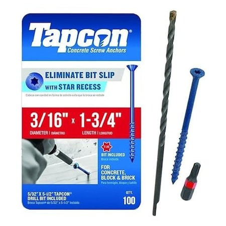 Tapcon 3/16-inch x 1-3/4-inch Climaseal Blue Flat Head T25 Concrete Screw Anchors w/Drill Bit ...